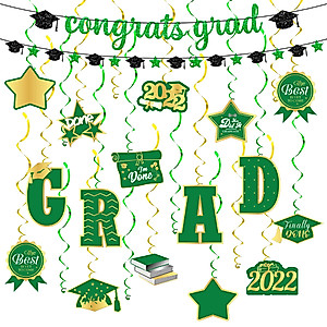 46 Pieces, XtraLarge Graduation Hanging Decorations - No DIY, Green Graduation Swirls | Glitter Congrats Grad Banner - 10 Feet | Green and Gold Graduation Decorations 2022 | Congratulations Banner