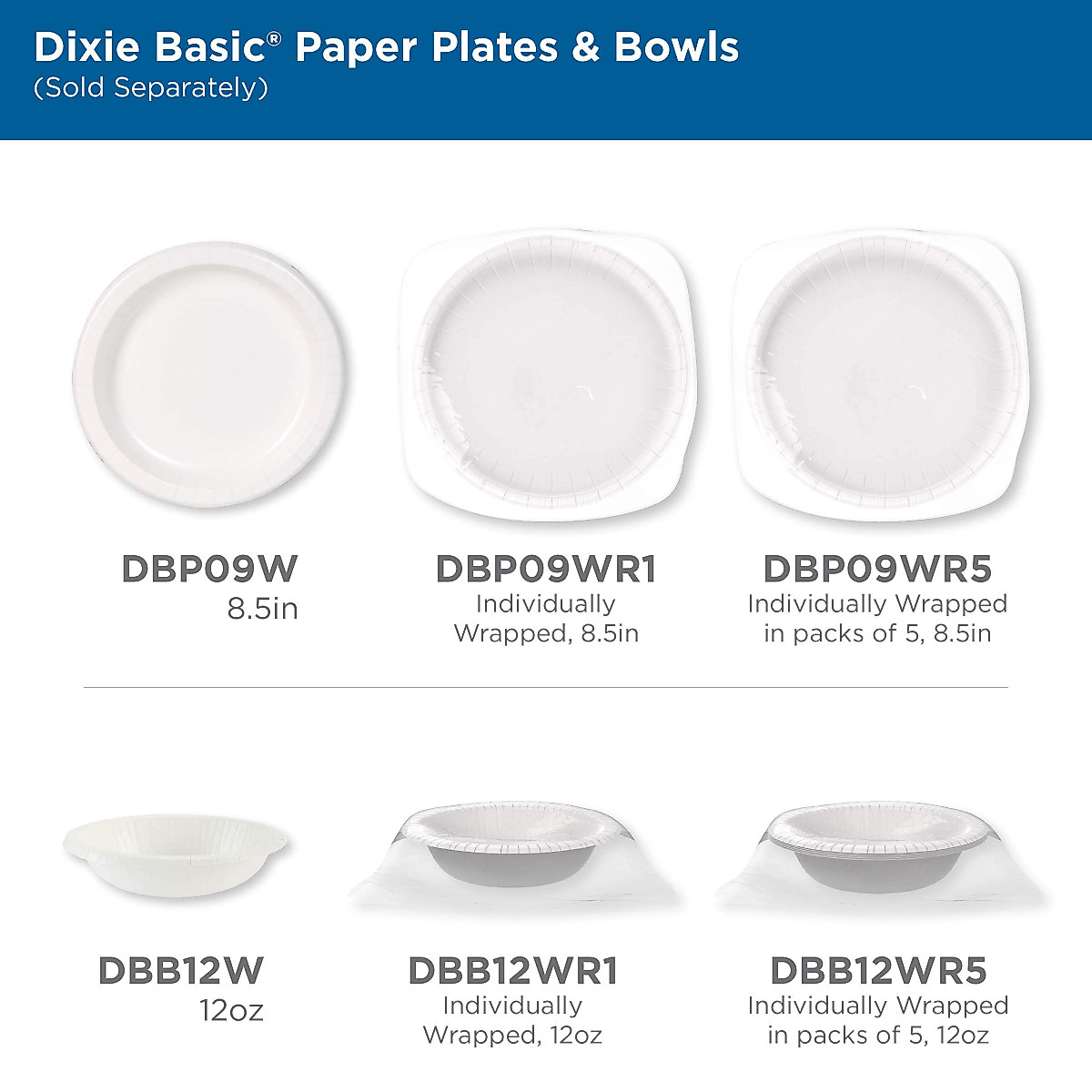 Georgia-Pacific Dixie Basic® 8.5” Wrapped Light-Weight Paper Plates by PRO , White, Individually Wrapped, DBP09WR1, 500 Plates Per Case