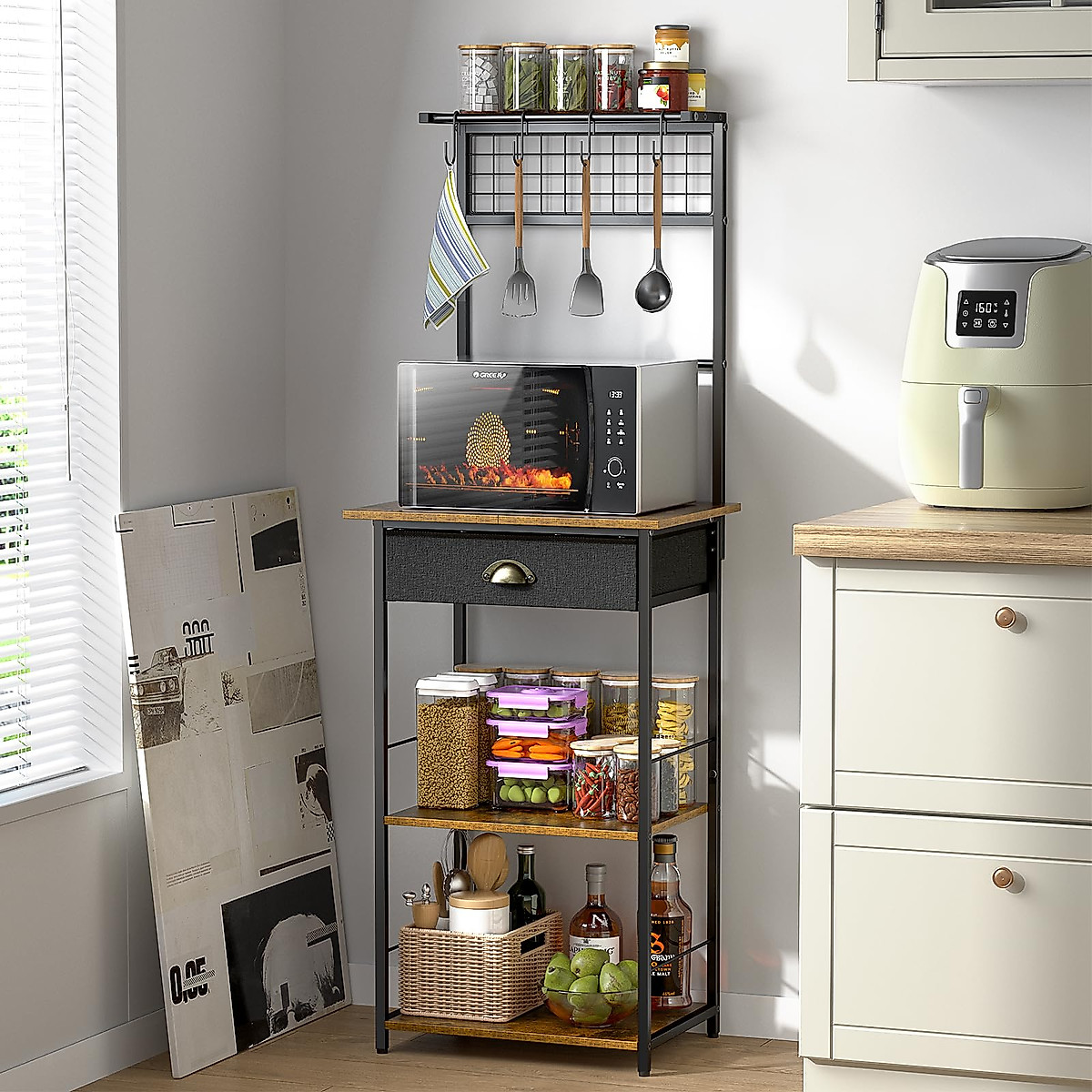 5 Tier Coffee Bar Station with Drawer, Coffee Stand with 4 S-Shaped Hooks, Farmhouse Corner Coffee Bar Cabinet for Small Spaces, Bakers Rack for Kitchen, Living Room, 13.43"D x 18.93"W x 53.31"H