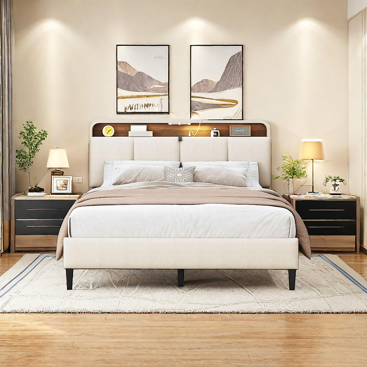 ChicFurnit Full Size Upholstered Platform Bed with Storage Headboard, Sensor Light and a Set of Sockets and USB Ports, Linen Fabric, Beige