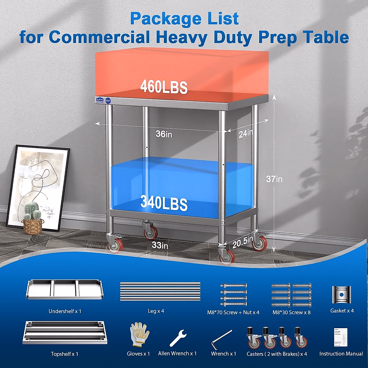Leteuke Stainless Steel Prep Table, NSF Metal Work Table, SUS201 Commercial Heavy Duty Table with Adjustable Undershelf, Food Prep Table with Wheels for Restaurant Kitchen - 36" x 24" x 37"