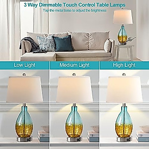 Table Lamps Set of 2, Modern Ombre Blue Glass Touch Control Bedroom Nightstand Lamp for Living Room with USB Ports, Coastal 3-Way Dimmable Bedside Table Lamp with White Shade (LED Bulbs Included)