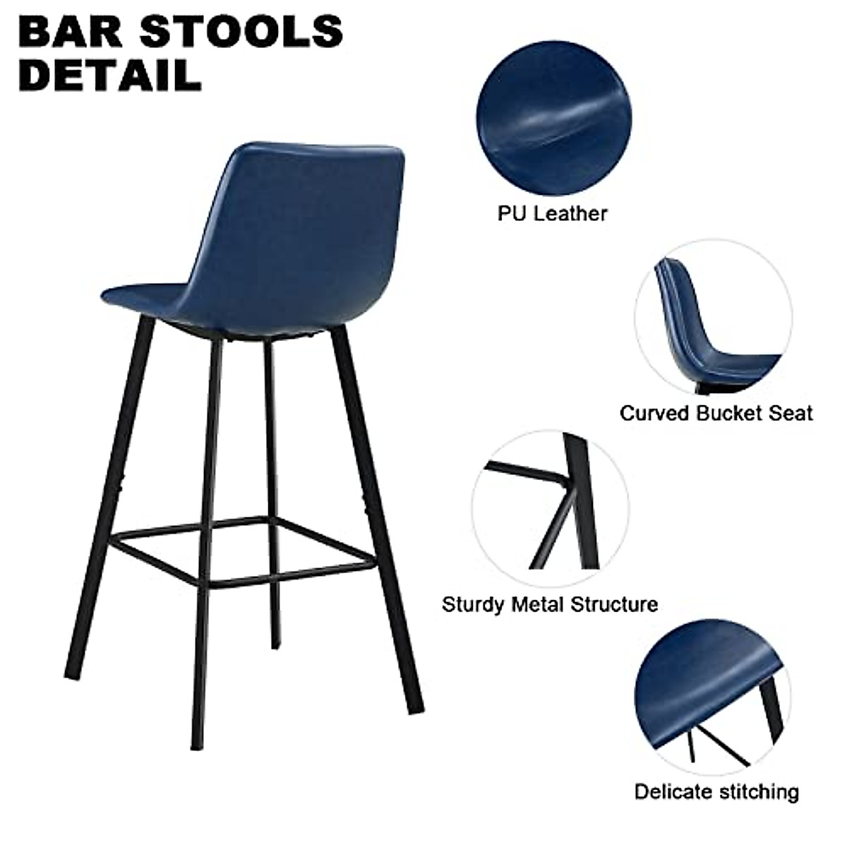 OUllUO Counter Bar Height Barstools with Back, 29 in PU Leather Bar Stools Set of 2, Upholstered Armless Tall Bar Stools for Kitchen Island, Cafe, Pub, Bistro, BS244, Navy Blue, 2Pcs