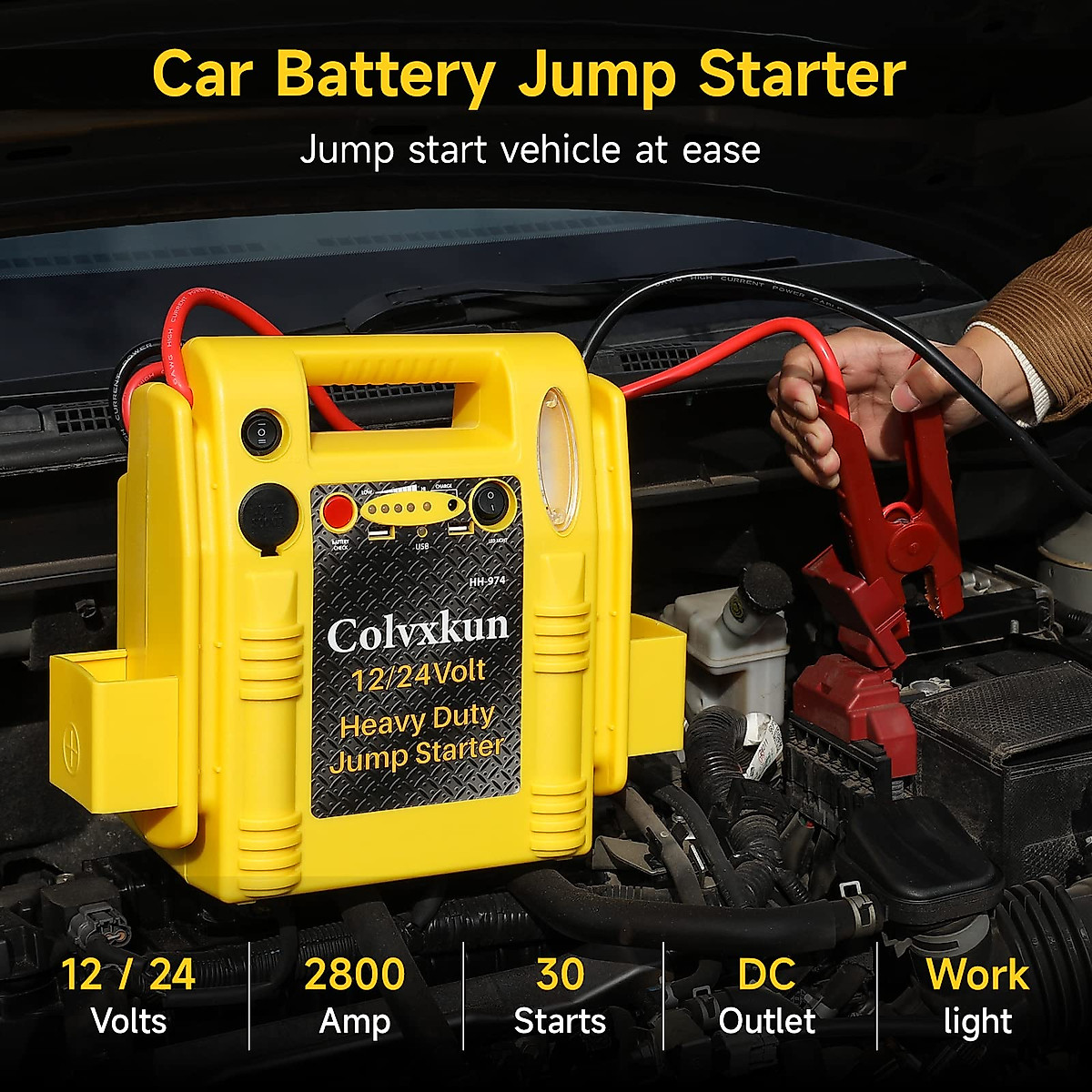 Colvxkun 2800/1400 Peak Amp 12V/24V Jump Starter,Can Start Trucks, excavators, transporters and Other Heavy Vehicles.Auto Battery Booster,Power Station with DC/USB Outputs,LED Work Light