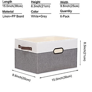 Yawinhe Collapsible Storage Bins, Cube Storage Bins, Fabric Foldable Storage Bins Organizer Containers with Dual Leather Handles, for Home Closet, White/Grey, 15.0''Lx9.8''Wx8.3''H, 6-Pack