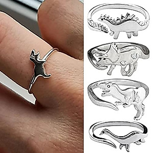 COLORFUL BLING 4Pcs Dinosaur Rings Stegosaurus Tyrannosaurus Triceratops Adjustable Rings for Hip Hop Hippie Style Cool Jewelry Women Men (4Pcs)