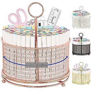 Spacrea Pen Holder for Desk - 360°Degree Rotating Pen Organizer, Desk Organizer with 4 Compartments, Pencil Holder for Desk, For School, Classroom, Office, Art Supplies(Rose Gold)
