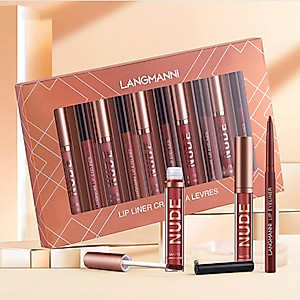 Petansy 12Pcs Lip Liner and Lipstick Set, 6 Colors Matte Liquid Lip Sticks + 6 Matching Smooth Nude Lip Liner, All in One Waterproof Long Lasting Lip Gloss Lips Make-up Gift Set for Girls and Women(A)