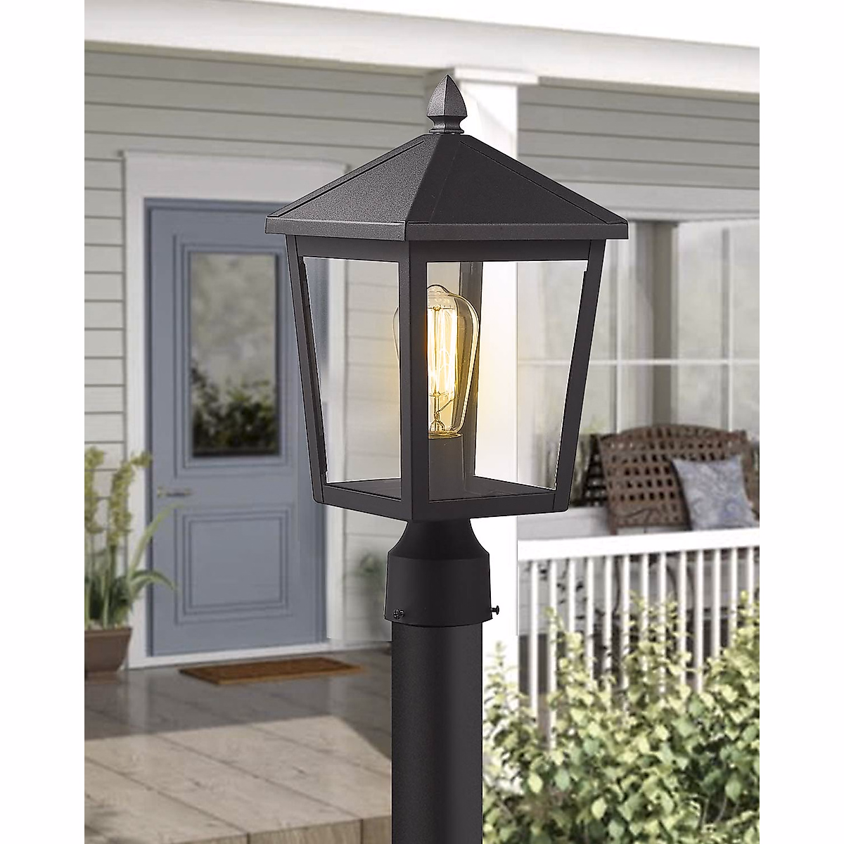 zeyu Outdoor Post Light, 16 Inch Exterior Pole Light Pillar Lantern with Clear Glass Shade and Black Finish, 20076P