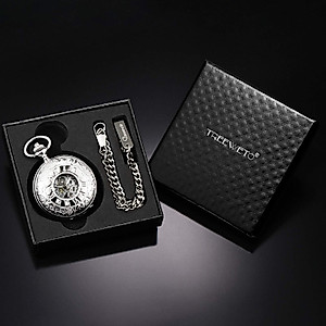 TREEWETO Men's Mechanical Skeleton Pocket Watch for Mens Women Roman Numerals Dial Silver Tone Double Case Pocket Watches