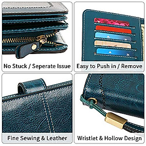 Pearl Angeli Women Wallet Genuine Leather Charming Ladies Wristlet Tri-fold Rfid Blocking Credit Card Holder Organizer Clutch Navy (Peacock Blue)