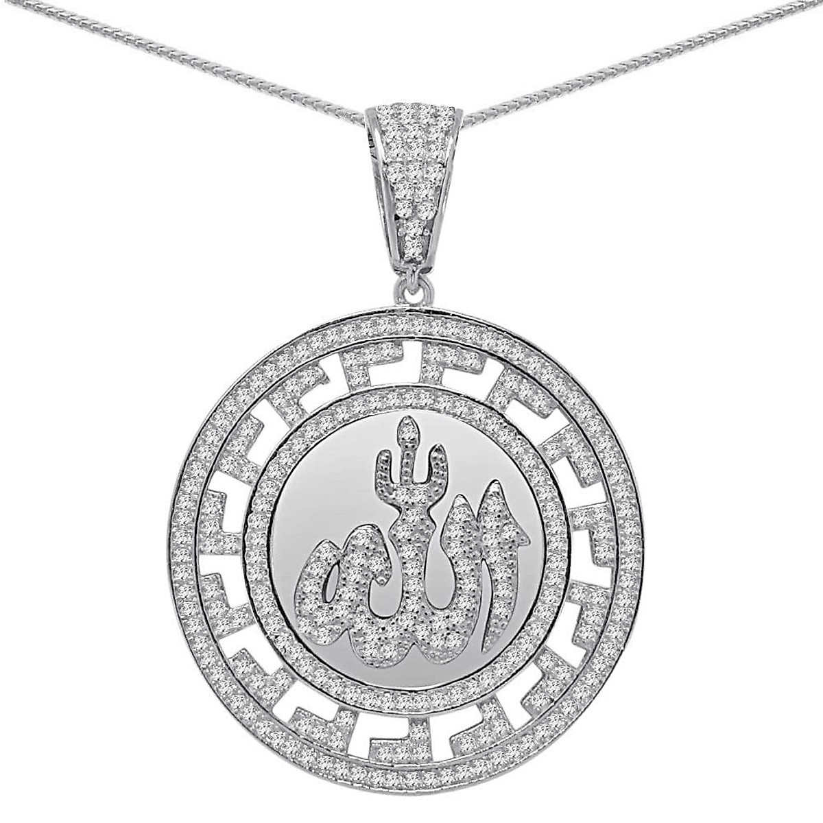 JewelBooth Real Genuine Sterling Silver 14K Gold Finish Allah God Muslim Islamic 1.00 Cwt. Simulated Diamond Unisex Charm Pendant Chain Neckless Set (White Gold Finish)