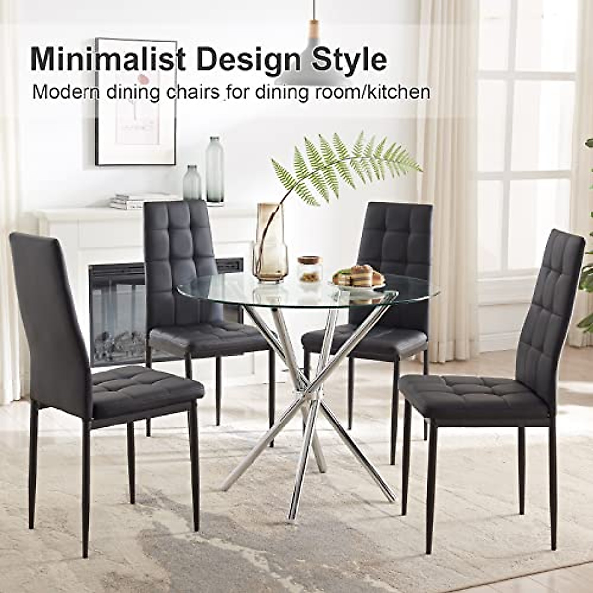 WISOICE Dining Chairs Set of 4, Black Chairs for Dining Room, Kitchen Chairs with Metal Legs and PU Leather Padded Seat High Back