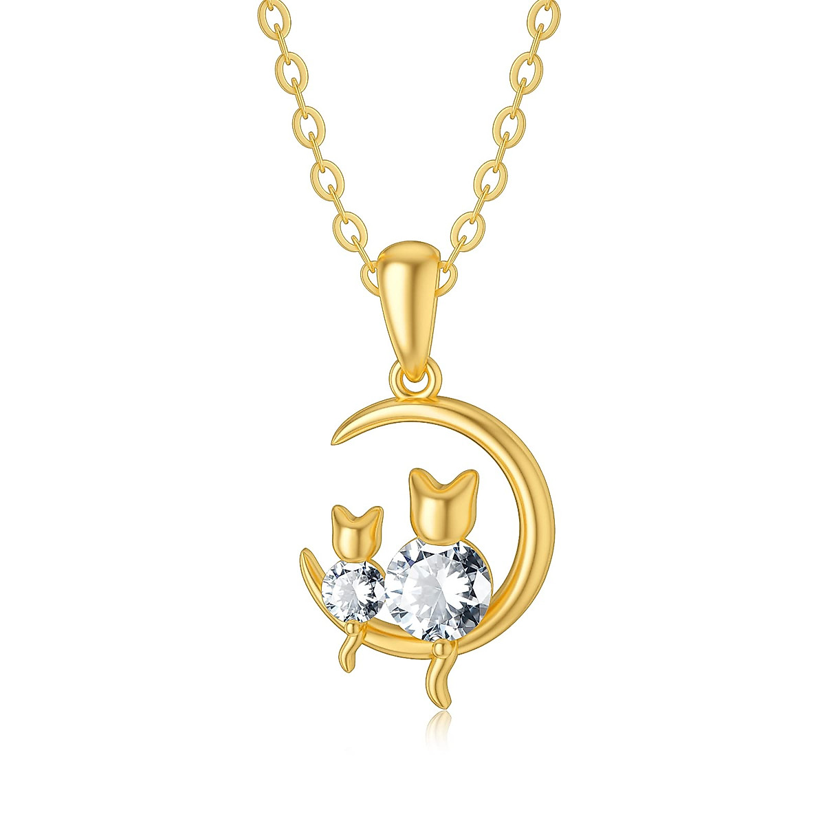 MRENITE Solid 14k Yellow Gold Cat Moon Necklace with Cubic Zirconia Cat Sitting on Crescent Moon Pendant Animal Jewelry Gifts for Women