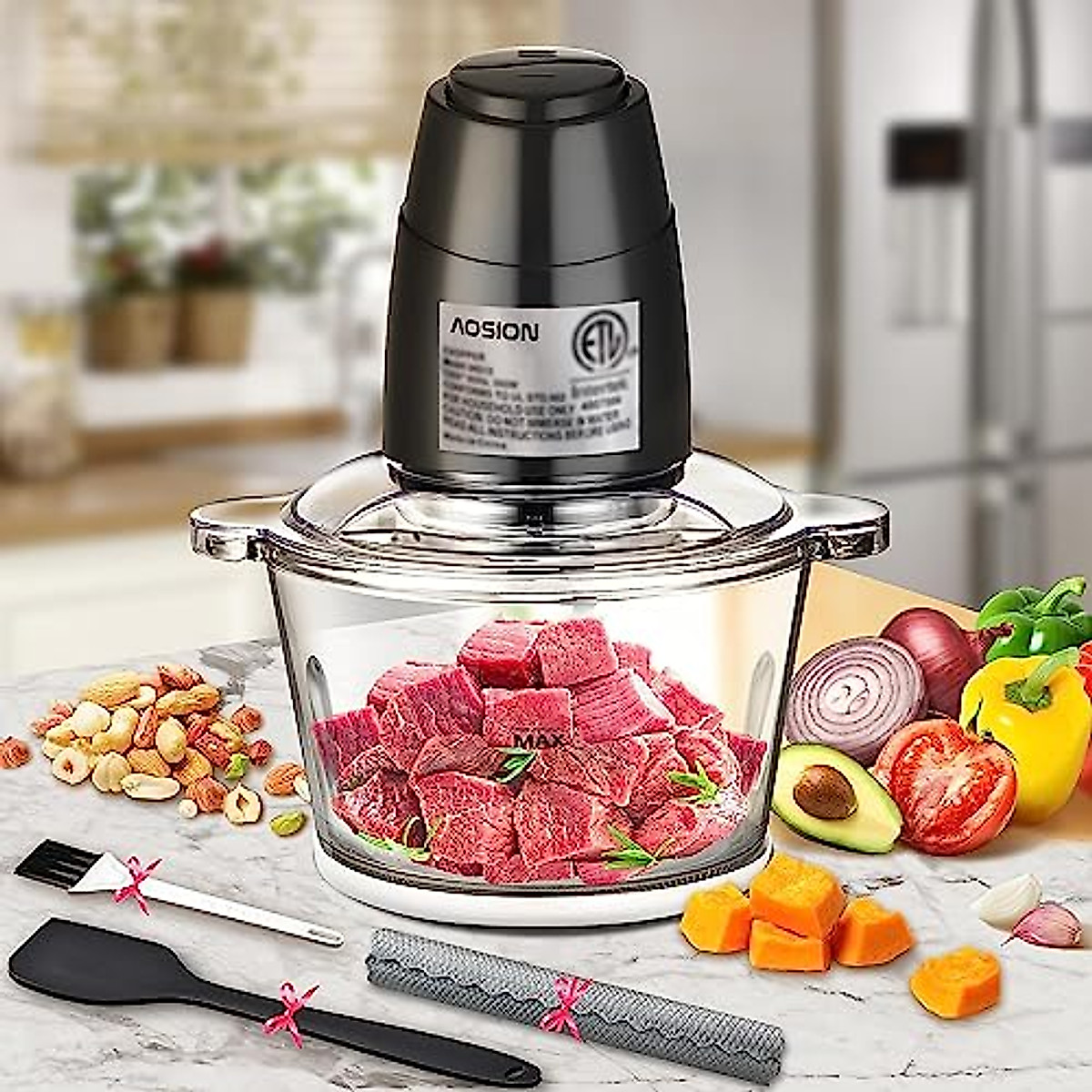 AOSION Electric Food Processor,8 Cup food Chopper,Vegetable Chopper & Meat grinder 350W with 2L Glass Bowl Grinder with 2 Speed for Baby Food/Meat/Fruits/Nuts.