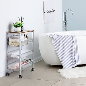 NORCEESAN Kitchen Cart 4 Tier Island Rolling Cart with Wood Shelf Serving Cart on Wheels for Bathroom Mesh Rolling Carts Industrial Storage Cart for Bedroom Living Room, Modern Silver