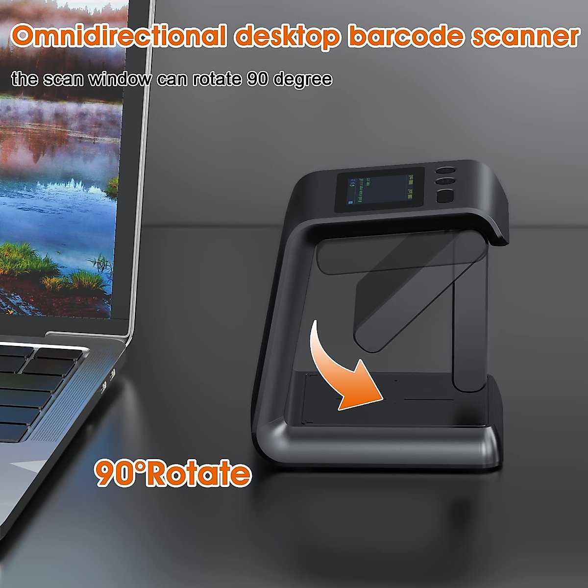 Alacrity 2D QR Wireless Hands-Free Omnidirectional Desktop Barcode Scanner, with Screen Display and Large Capacity Batteries, Compatible with Bluetooth & 2.4GHz Wireless, for Airport, Supermarket