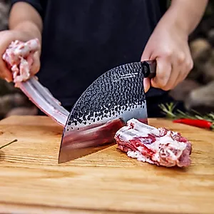 FAMCÜTE 6.5 inch Butcher Knife, 3 Layer 9CR18MOV Clad Steel w/octagon Handle Serbian Meat Cleaver Knife with Leather Knife Sheath