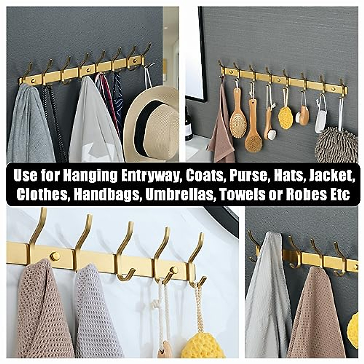 Alise Coat Rack Wall Mount,Coat Hanger Rail with 8 Double Coat Hooks for Hanging Coats Bathroom,SUS304 Stainless Steel Towel Hanger Hook Racks for Purse Clothes Entryway Jacket Hats,Gold Finish
