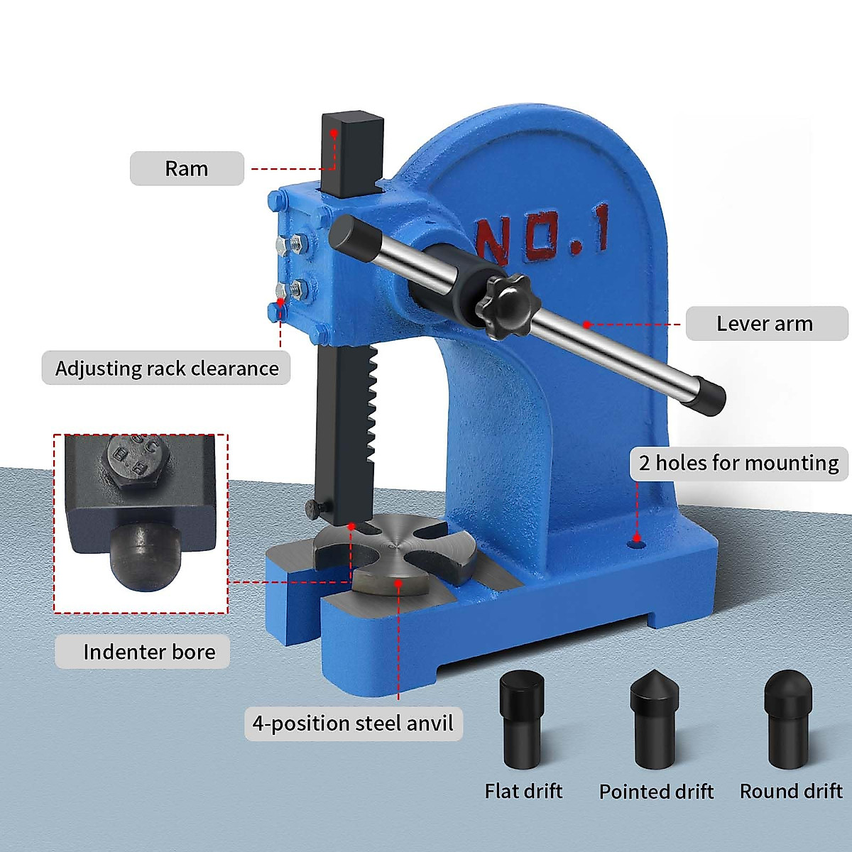 PNBO 1 Ton Manual Arbor Press,Heavy Duty Cast Iron Desktop Punch Press Machine, for Riveting Punching Holes