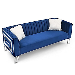 CALABASH 3-Seater Sofa with Mirrored Side Trim with Faux Diamonds and Metal Legs, Channel Tufted Velvet Couch with 2 Pillows (Blue, 3 Seater Sofa)