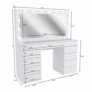 Boahaus Orla Extra Large Makeup Vanity Desk with Lights Built-in, Power Outlet, 11 Drawers, Hollywood Vanity Mirror, Glass Top Vanity, Crystal Knobs, White Big Vanity, 61.02''Hx56.3''Wx20.08''D