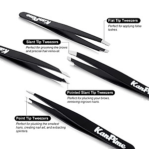 Tweezers Set - KanPime Professional Stainless Steel Tweezers with Storage Case for Eyebrows, Precision Tweezers Kit for Facial Hair, Splinter and Ingrown Hair Removal (Black)