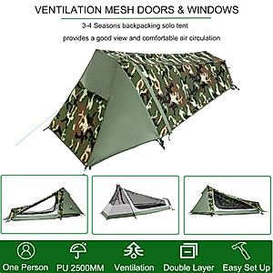 GEERTOP 1 Person Bivy Tent Ultralight Backpacking Tent for 1 Man Double Layer Waterproof Camouflage Camp Tent for Outdoor Camping Hiking Travel - Easy to Set Up