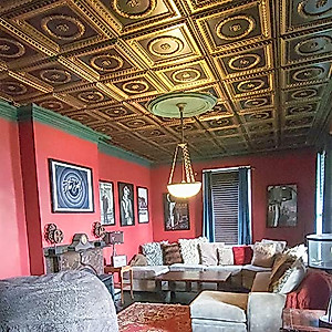 From Plain To Beautiful In Hours 210 Laurel Wreath PVC 2' x 2' Lay-in or Glue-up Ceiling Tile, Pack of 10, Antique Brass, 10 Piece