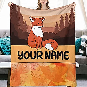 Personalized Fox Throw Blanket with Name Text Cute Fox Blanket Soft Warm Lightweight Flannel Blanket Fox Fur Blanket for Bed Couch Travel Gifts for Fox Lovers