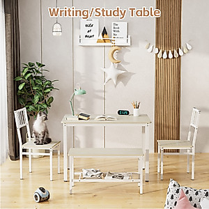 Teraves Dining Table Set/Computer Desk,Kitchen Table with 2 Chairs and a Bench,Table and Chairs 4 Piece Set for Dining Room (Beige, 110CM)