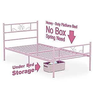 Weehom Platform Steel Bed Frame with 6 Legs Mattress Foundation Heavy Duty Bed Steel Slat Support Easy Assemble Kids Adults(Twin Size),Pink