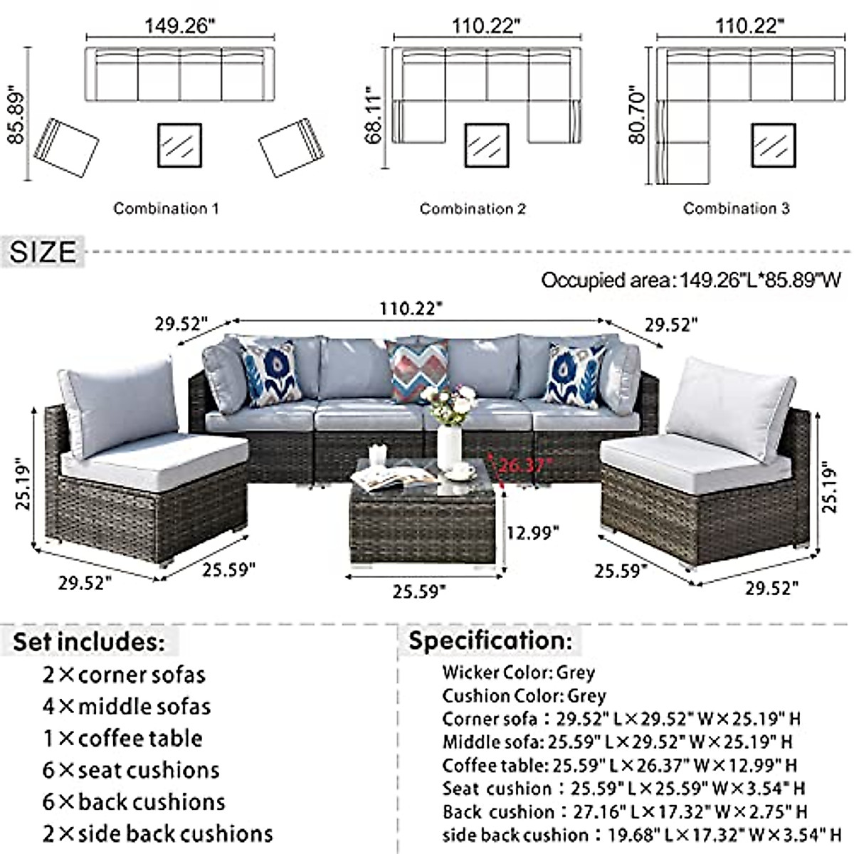 XIZZI Patio Furniture 7 Pieces Outdoor Patio Sectional Sofa Couch Grey PE Wicker Furniture Conversation Sets with Glass Coffee Table for Garden,Backyard,Deck,Grey