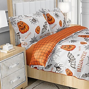 Halloween Duvet Cover Set Queen Fall Pumpkin Spider Cobweb Bat Pattern Duvet Cover, 3 Piece Halloween Themed Bedding Set with Pillowcases, Soft Microfiber Festival Room Decor for Teens Kids(90''x90'')