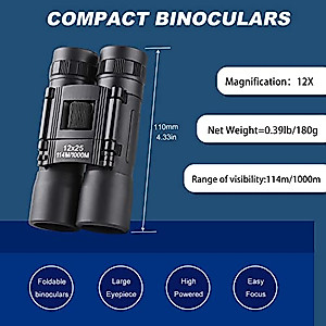 Anourney 12x25 Compact Binoculars, High Powered Easy Focus Binoculars, Portable Large Eyepiece Binocular for Adults Kids Bird Watching,Opera Concert, Travel, Hiking, Outdoor Scenery, Football Game