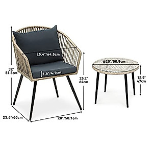 YITAHOME 3-Piece Outdoor Patio Furniture Wicker Bistro Set, All-Weather Rattan Conversation Chairs for Backyard, Balcony and Deck with Soft Cushions, Glass Side Table, Gray Rattan