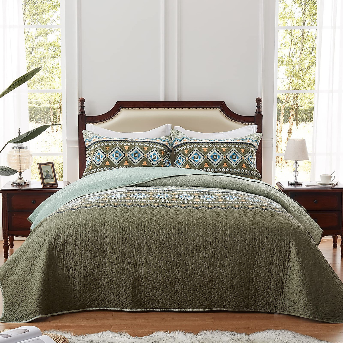 LEAONME Quilt Set Full/Queen Size 3 Piece Bedspread Coverlet Lightweight Comforter Microfiber Bedding Set for All Season Oversized 90x98 Inch Bed Cover Bohemian Olive Green(1 Quilt,2 Pillow Shams)