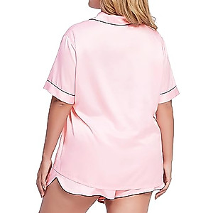 SWOMOG Women's Satin Plus Size Pajamas Silk Short Sleeve Pjs Sets Button Down Silk Sleepwear 2 Piece Bridal Pjs Loose Outfits Pink