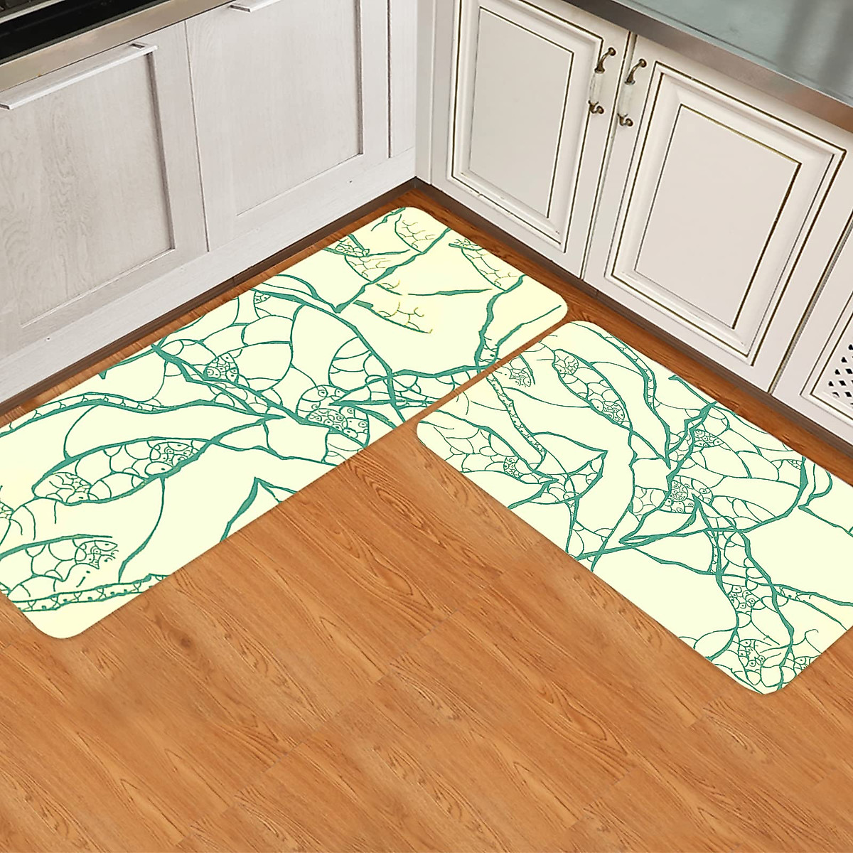 Green Yellow Kitchen Rugs Set of 2 Floor Mats, Abstract Botanical Art Hand Draw Lines Kitchen Rugs and Mats Non Skid, Cushioned Comfort Standing Mats, 24"x36"+24"x71"