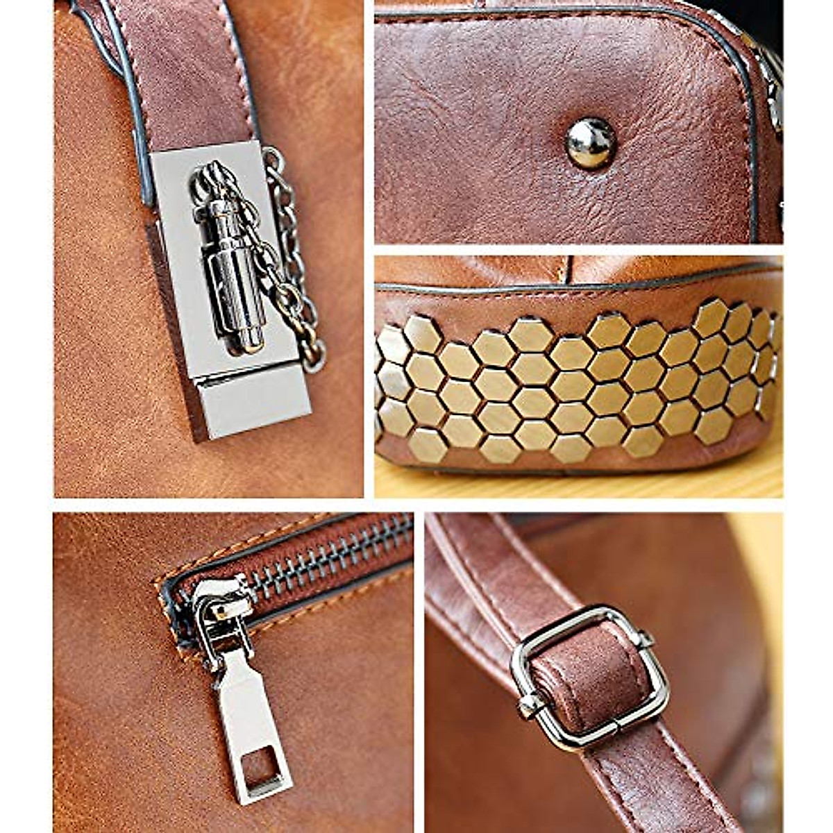 Mn&Sue Gothic Rivet Studded Vintage Doctor Style Cross Body Convertible Bucket Shoulder Handbag for Women (Brown)