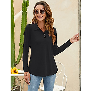 LOMON Women's Long Sleeve Polo Shirts and Blouses Business Casual Collared Tunic Shirt Black XL
