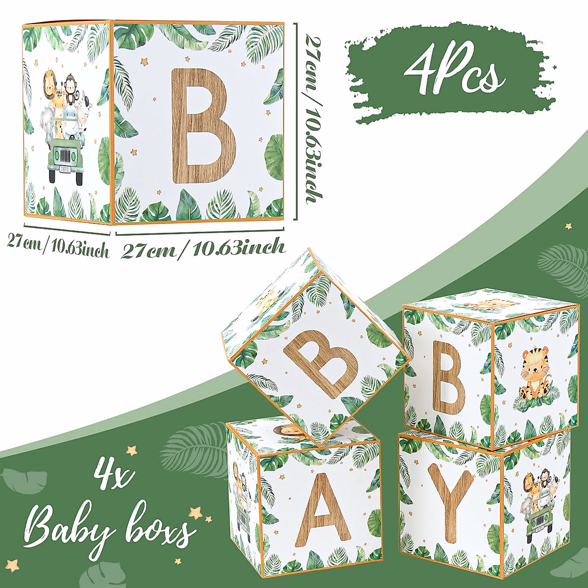 Safari Baby Boxes for Baby Shower Decorations - 4pcs Sage Green Woodland Animal Balloon Boxes ，Safari Baby Shower Decorations for Boy Jungle Birthday Party， Wild One Party Backdrop Decor Supplies