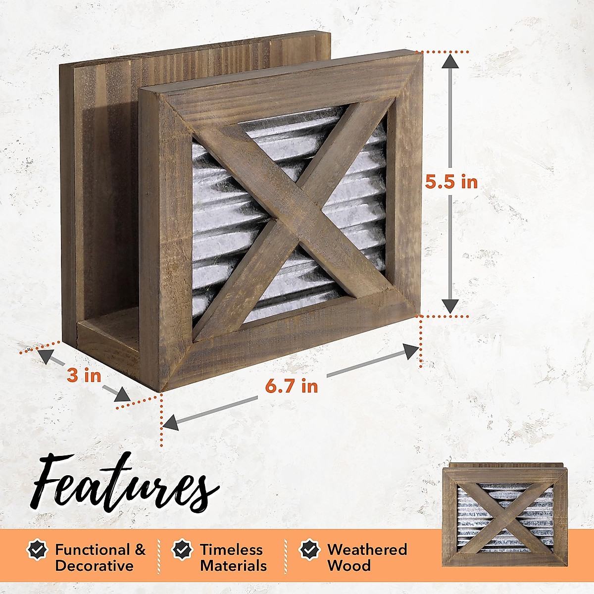 Autumn Alley Farmhouse Napkin Holder - Upright Wooden Napkin Holder - Classic Barn Door Motif with Galvanized Metal - Rustic Napkin Holder for Farmhouse Kitchen Décor - Durable Country Napkin Holder