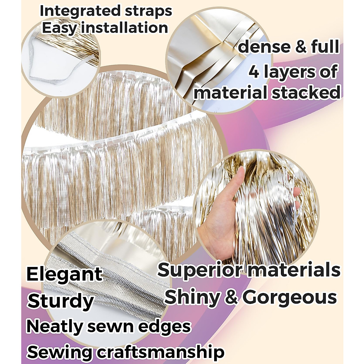 Premium Matte Champagne Gold Fringe Tassel Banner for Party Decoration -4 Layers Thick, 2 Pack | LILF Superior Tinsel Garland Party Streamer for Birthday Wedding Graduation Christmas Decoration
