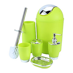 6 Piece Bathroom Accessories Set, Plastic Bath Ensemble Bath Set Lotion Bottles Toothbrush Holder Tooth Mug Soap Dish Toilet Brush Trash Can Decorative Bath Accessory Kit, Green