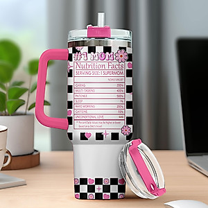 99WHALE Best Mom Ever Gifts, Mom Fashion Checked Nutrition Facts, Tumbler 40 Oz With Handle Lid And Straw, Steel Cups Green Parade Camelia Print Stainless Simple Red Rose Gold Water
