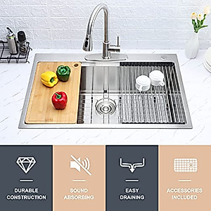 Herogo 33"X22" Workstation Kitchen Sink, 10 Deep Drop In Stainless Steel Topmount Single Bowl 2-Hole R10 Tight Radius Large Kitchen Sinks with Kit of 5 Accessories