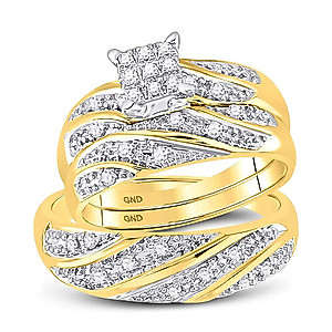 Sizes - L = 6, M = 8 - 14k Yellow Gold Mens and Ladies Couple His & Hers Trio 3 Three Ring Bridal Matching Engagement Wedding Ring Band Set - Round Diamonds - Princess Shape Center Setting (1/4 cttw) - Please use drop down menu to select your desired ring