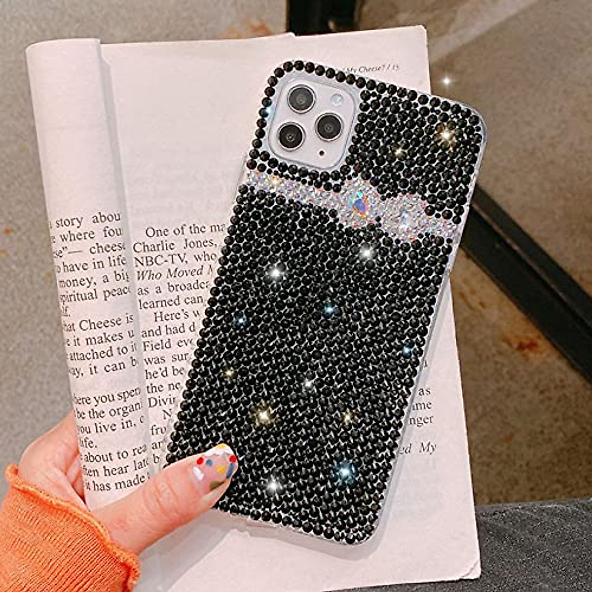 HFICY Sparkly Phone Case for Samsung Galaxy with Glass Screen Protector, Girly Bling Diamonds Crystals Soft Clear Protective Cover for Women (Black Bow,for Samsung Galaxy A40)