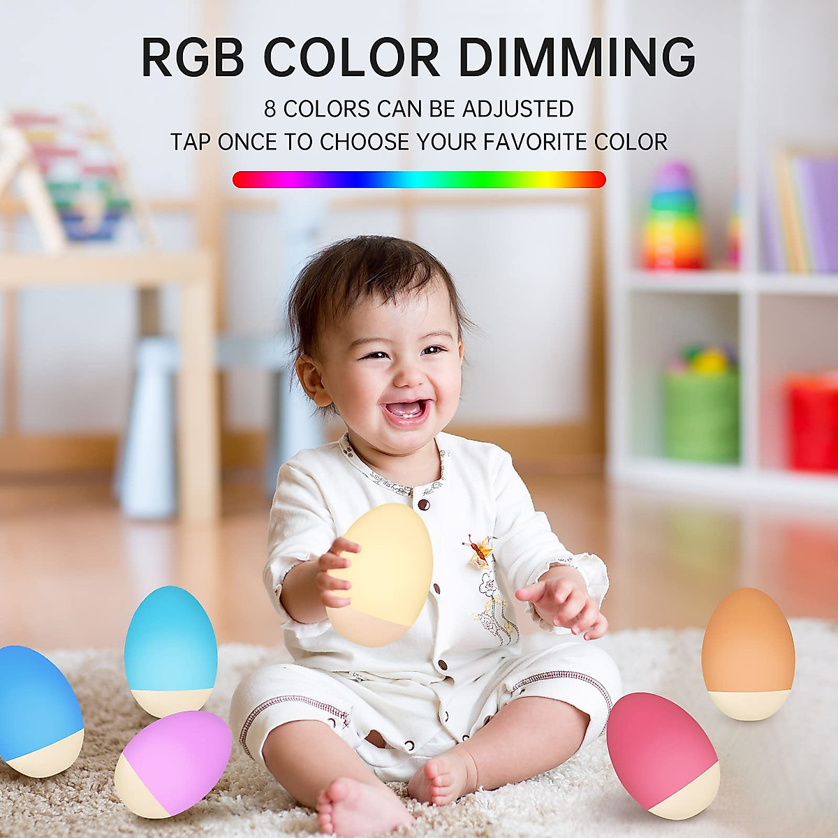Ohey Night Lights for Kids Room, 7 Color Changing Tumbler Egg Baby Night Light with Top-Touch Control, Rechargeable & Dimmable ABS+Silicone Nursery Night Lights, Up to 100H